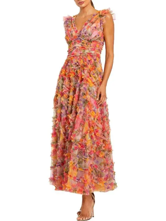 Mac Duggal Printed Floral Mesh Ruffle V Neck Maxi Dress - Multi