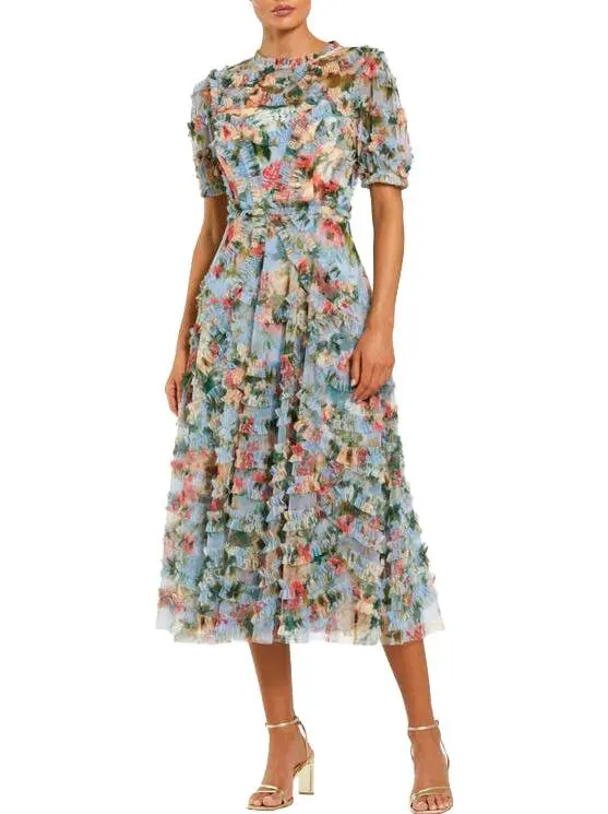 Mac Duggal Floral Printed Mesh Ruffle High Neck Midi Dress - Blue Multi
