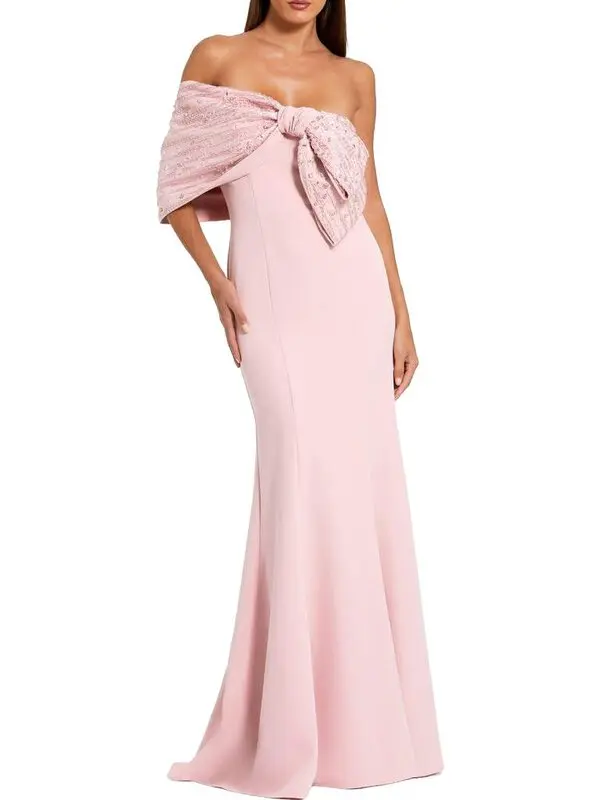 Mac Duggal Beaded Off-the-shoulder Satin Trumpet Gown - Blush