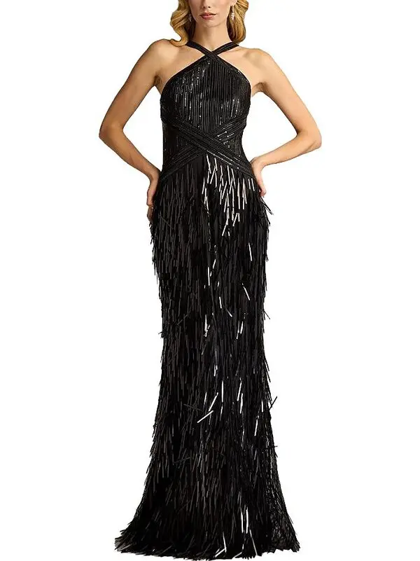 Tadashi Shoji Ares Sequin Fringe Gown - Black