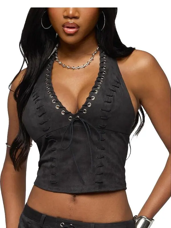 EDIKTED Sloane Faux Suede Halter Top - Dark-gray