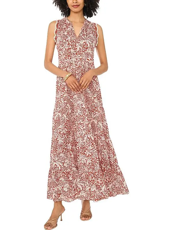 Vince Camuto Sleeveless Tiered Maxi Dress With Crochet Lace Trim - Rust