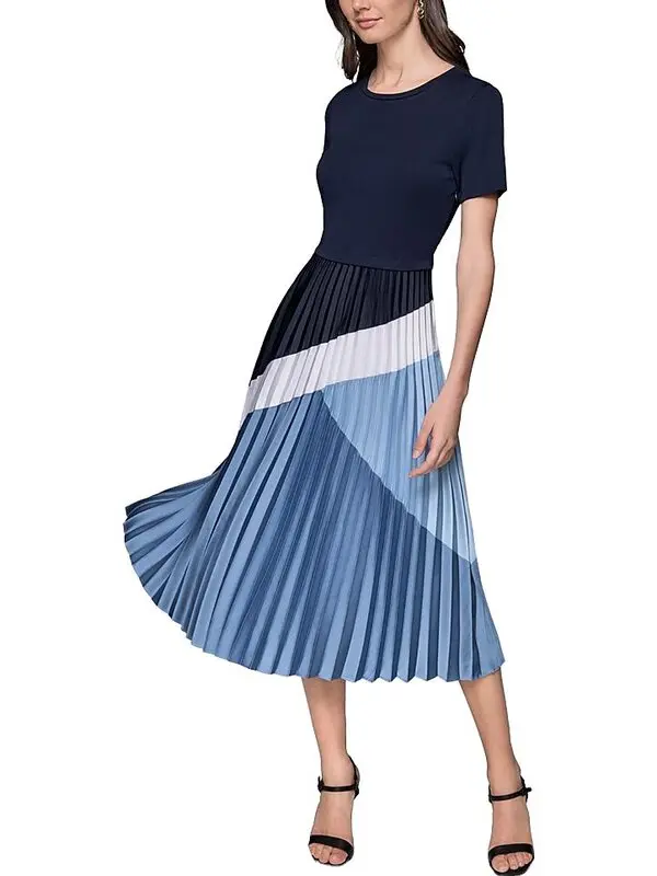 Karl Lagerfeld Paris Jersey Satin Color Block Midi Dress - Marine/chambray