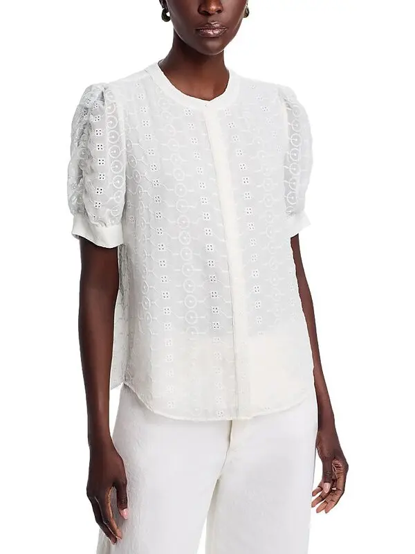 T Tahari Mandarin Collar Button Front Top - White Star
