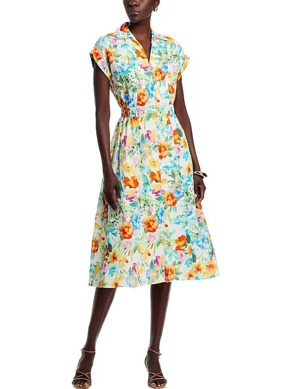 T Tahari Smocked Waist Floral Print Dress - Sky Garden