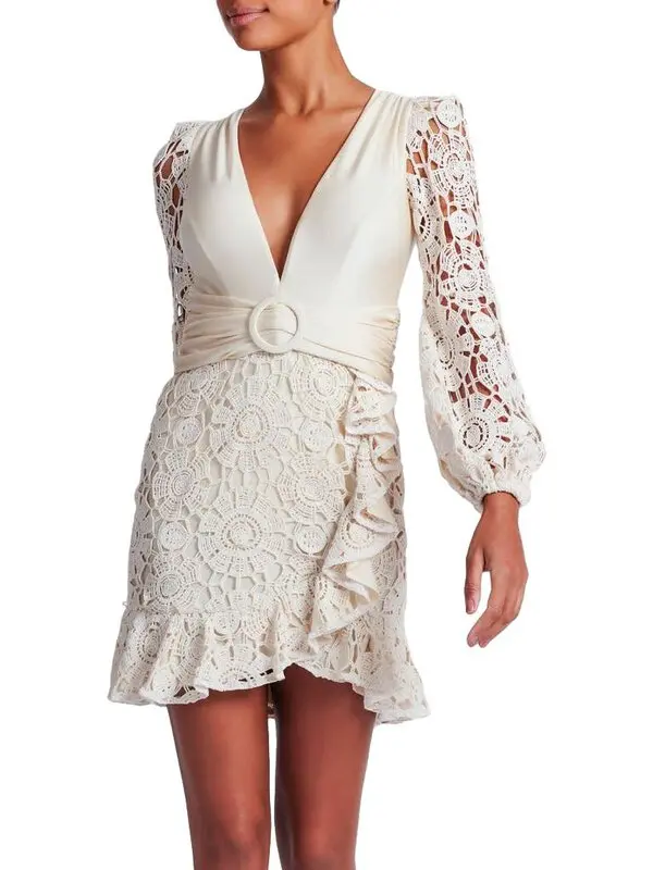 PatBO Crochet Plunge Mini Dress With Open Back - Wheat