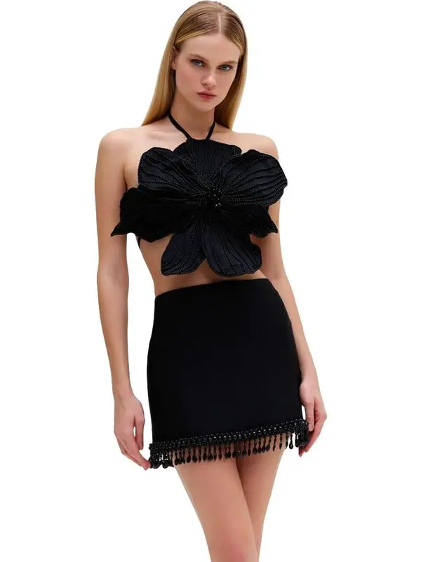 PatBO Hand-beaded Flower Halter Top - Black