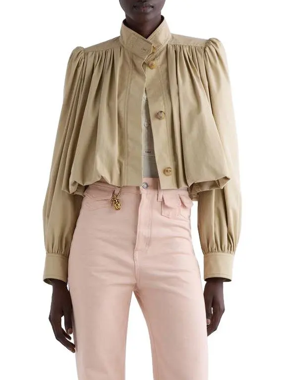Chloé Puff Sleeve Gabardine Crop Jacket - Smoky Beige