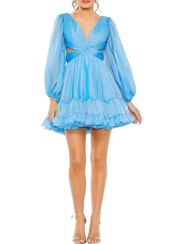 Mac Duggal Chiffon Mini Dress With Puff Sleeves - Blue