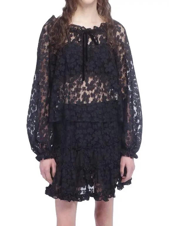 Anna Sui Shadow Blossom Tulle Lace Blouse - Black