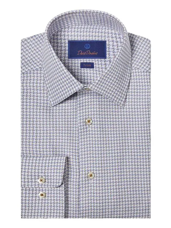 David Donahue Trim Fit Twill Texture Check Dress Shirt - Blue/ Dune