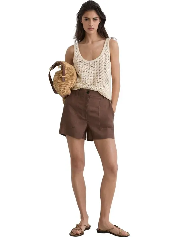 REISS Ashby Linen Chambray Shorts - Chocolate Brown
