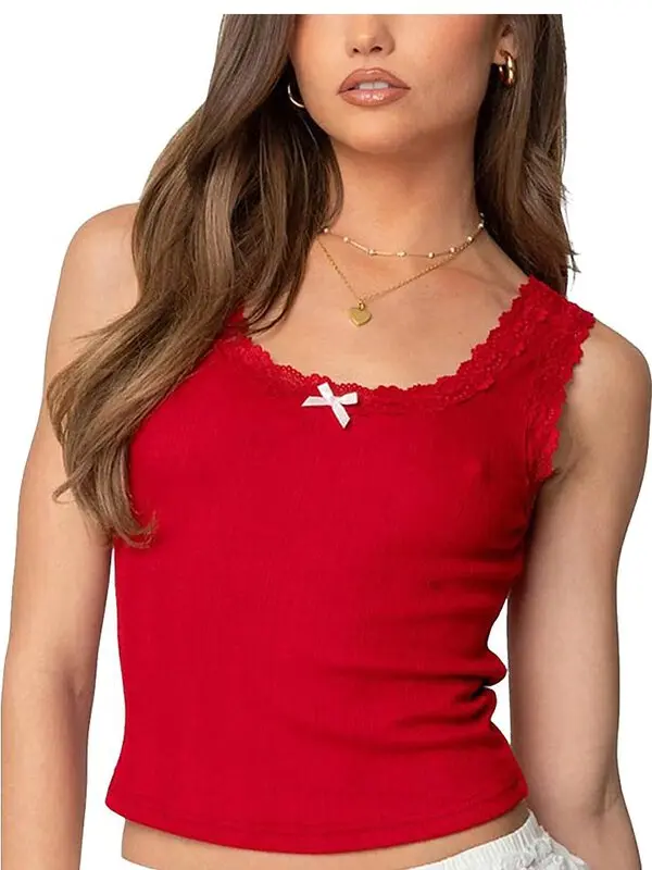 EDIKTED Hattie Pointelle Tank Top - Red