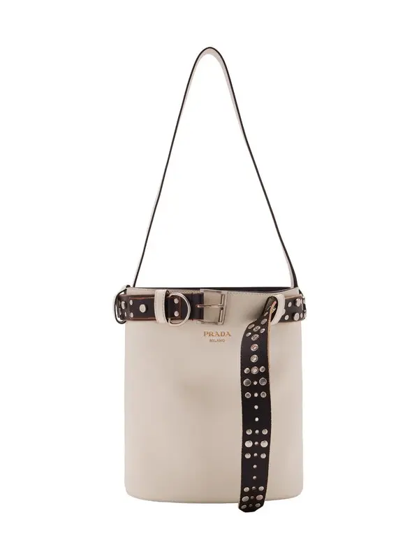 Prada Buckle Leather Bucket Bag - White