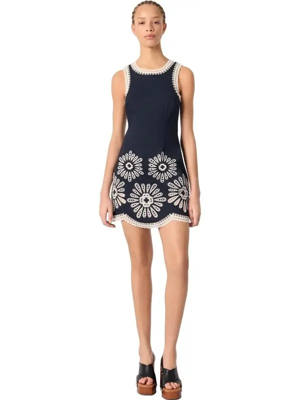 Maje Cotton Mini Dress With Crochet Details - Navy