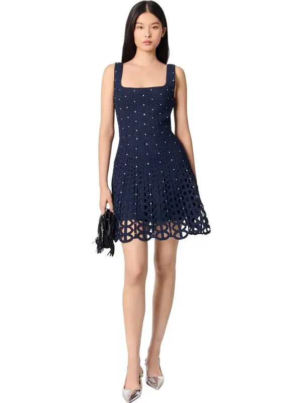 Maje Rhinestone Crochet Mini Dress - Navy
