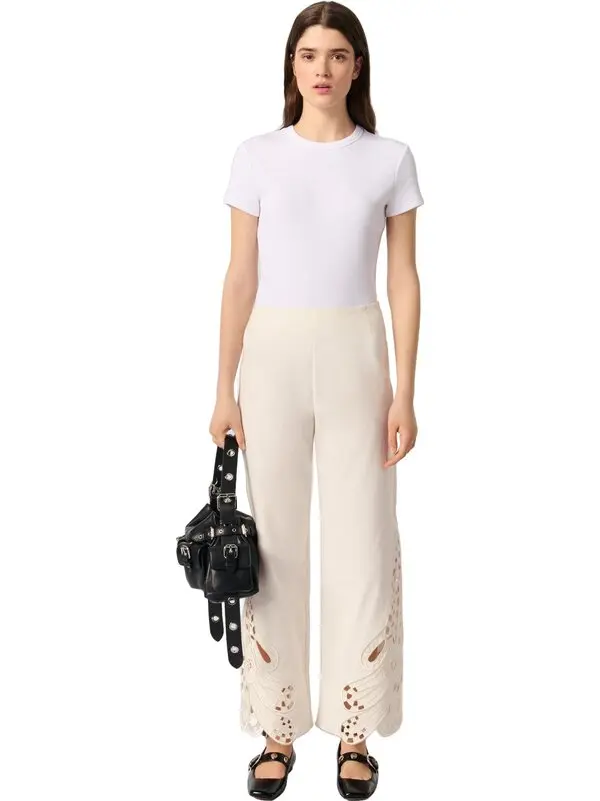 Maje Cream Wide-leg Trousers With Scalloped Embroidery - Ecru