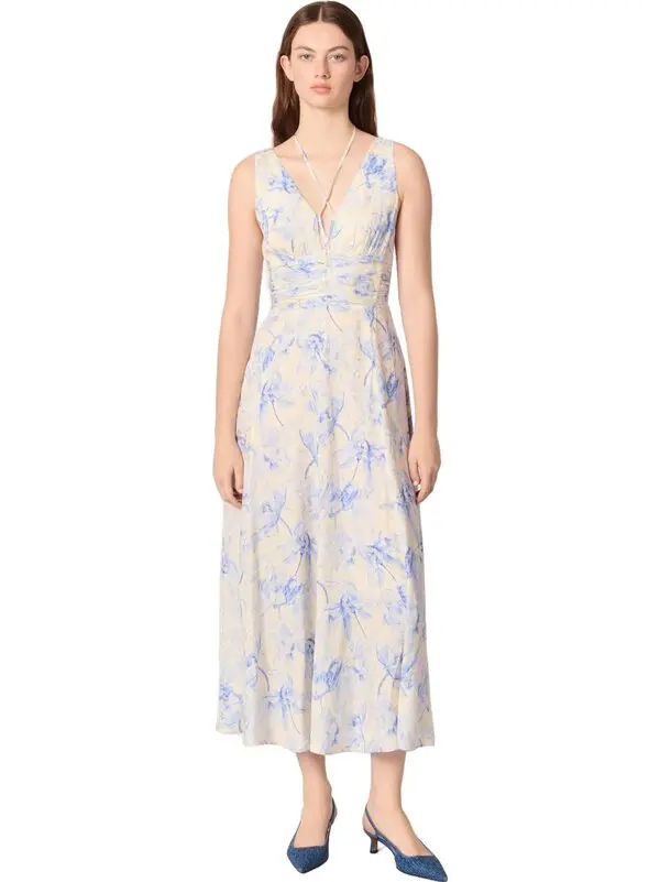Maje Viscose Patterned Maxi Dress With Lacing - Blue Flower Print Ecru Base