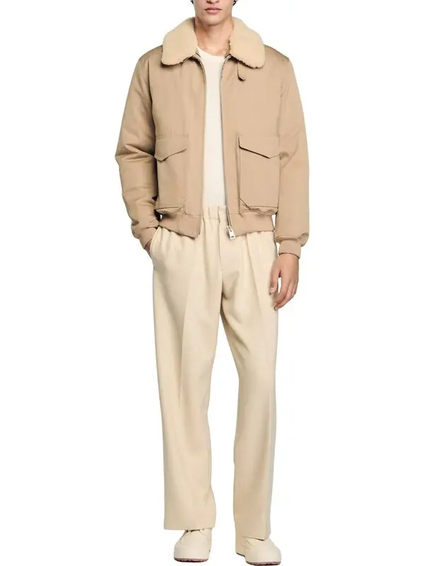 Sandro Aviator Jacket With Removable Collar - Sand