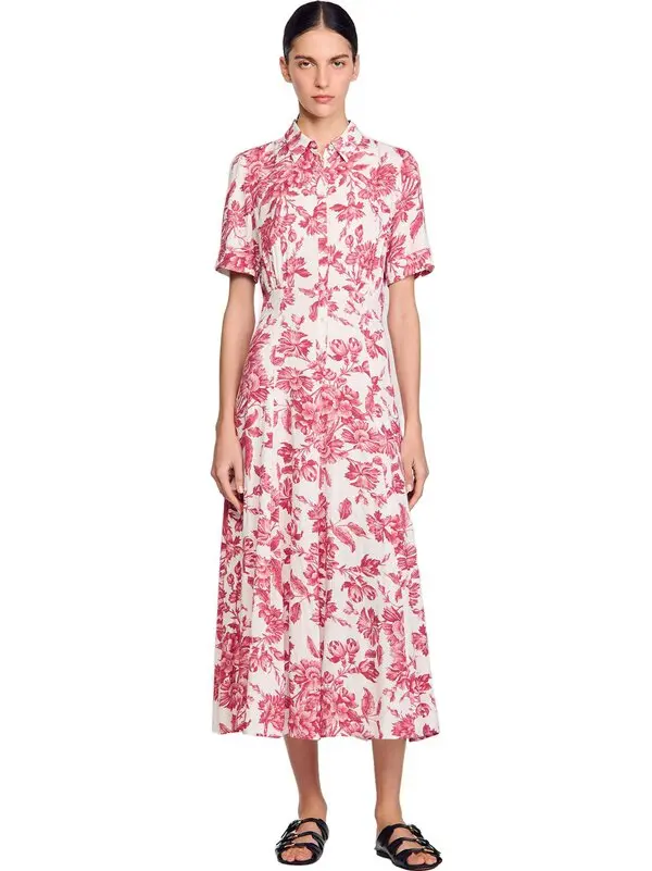 Sandro Floral Maxi Shirt Dress - White / Red