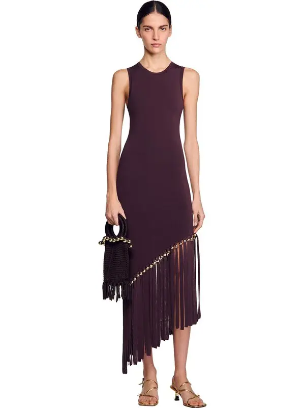 Sandro Fringed And Beaded Maxi Dress - Brown