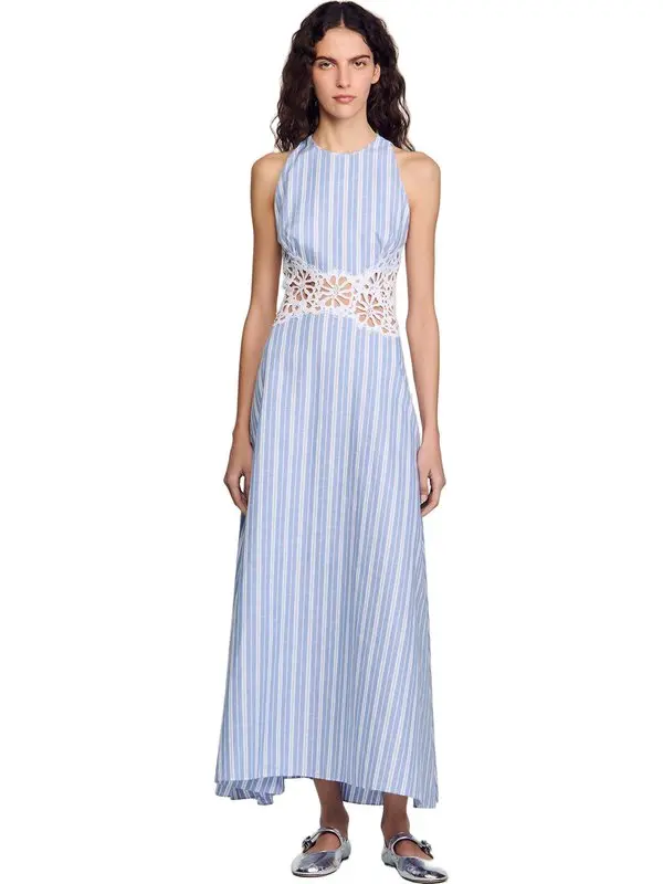 Sandro Striped Maxi Dress With Lace - Blu / White