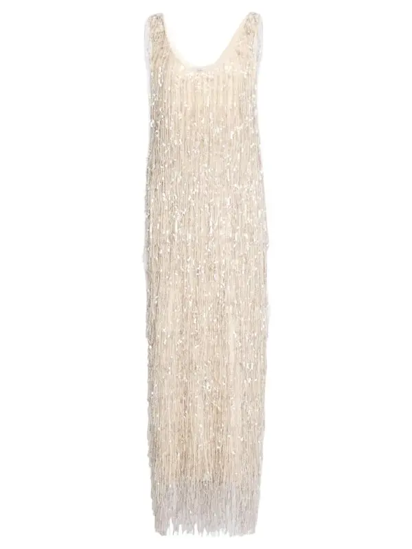 Brunello Cucinelli Sequin Waterfall Crispy Silk Maxi Dress - C2869 Pearl