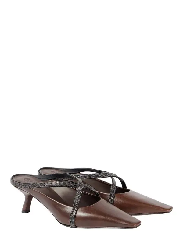 Brunello Cucinelli Monili Leather Mules - Brown