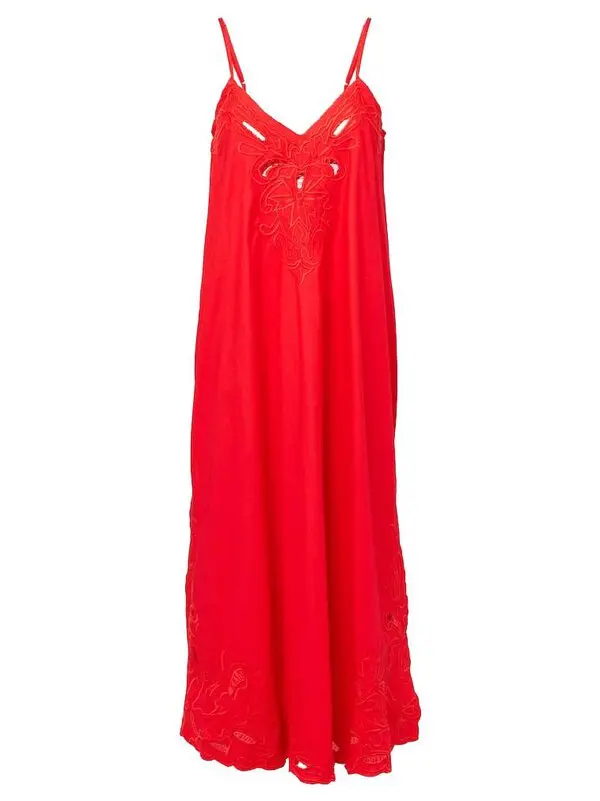 JULIET DUNN Embroidered Cotton Poplin Midi Dress - Red