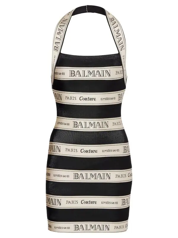 Balmain Striped Halterneck Jacquard Minidress - Beige
