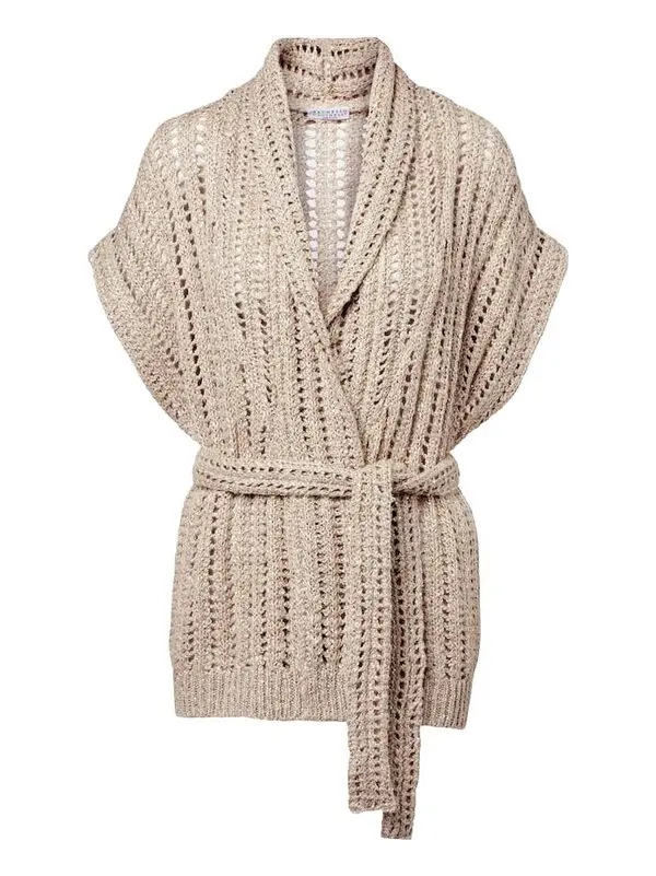 Brunello Cucinelli Silk And Linen-blend Wrap Cardigan - Beige