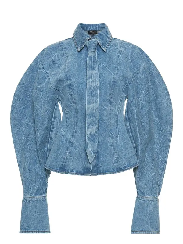 A.W.A.K.E. Mode Tie-detailed Acid-washed Denim Shirt - Medium Wash