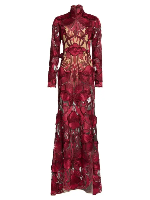 Elie Saab Embroidered Tulle Gown - Burgundy