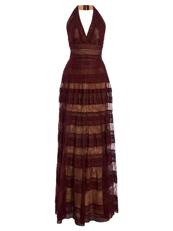 Elie Saab Lace & Macrame Gown - Burgundy