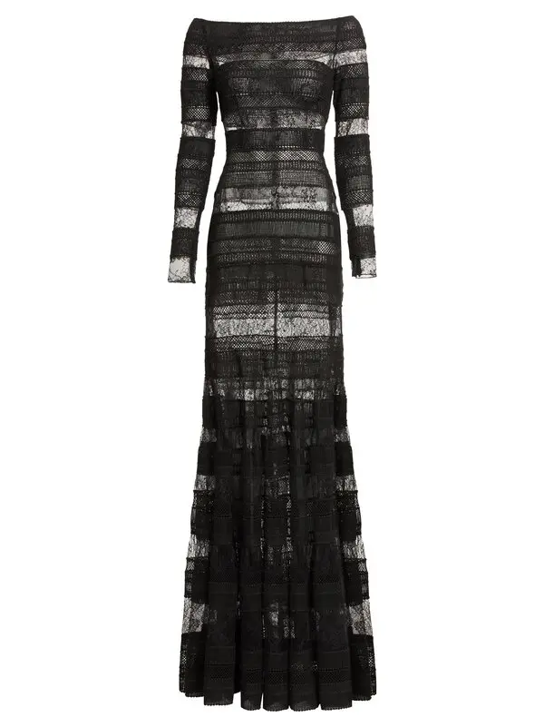 Elie Saab Macrame & Lace Gown - Black