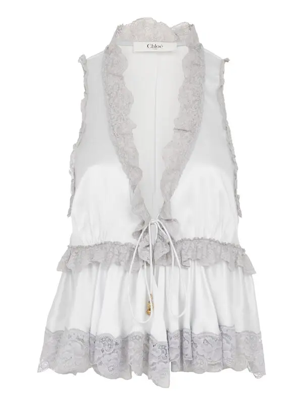 Chloé Lace-trimmed Silk Satin Top - Grey