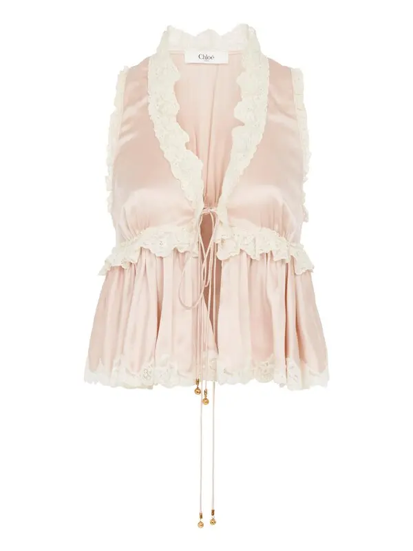 Chloé Lace-trimmed Silk Satin Top - Light Pink