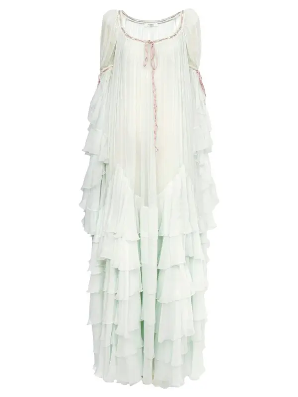 Chloé Flou Ruffled Organic Silk Mousseline Gown - Grey