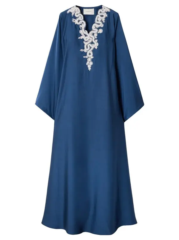 SHATHA ESSA Faux Pearl-embellished Embroidered Twill Gown - Blue