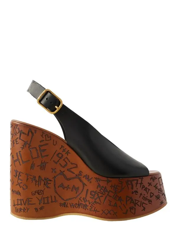 Chloé Maxime Leather Slingback Platform Wedge Sandals - Black