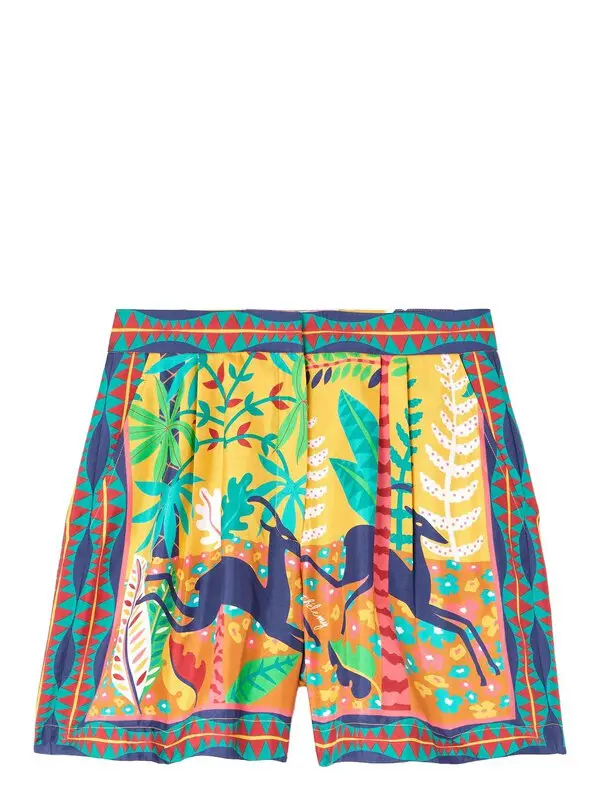 EMPORIO SIRENUSE Louis Barthélemy Pleated Printed Silk-twill Shorts - Yellow
