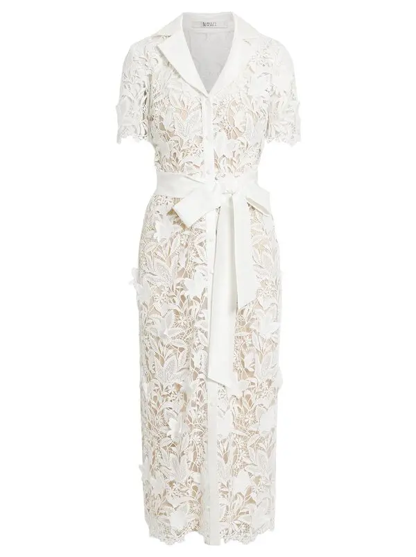 Badgley Mischka Belted Guipure Lace Midi Shirt Dress - White
