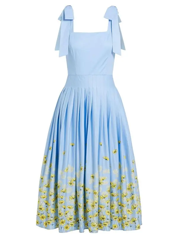 MIKAEL AGHAL Pleated Floral-print Cotton-poplin Midi Dress - Light Blue