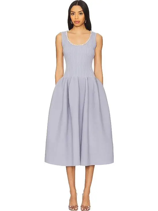 SELF-PORTRAIT Ribbed Knit Diamante Midi Dress - Blue