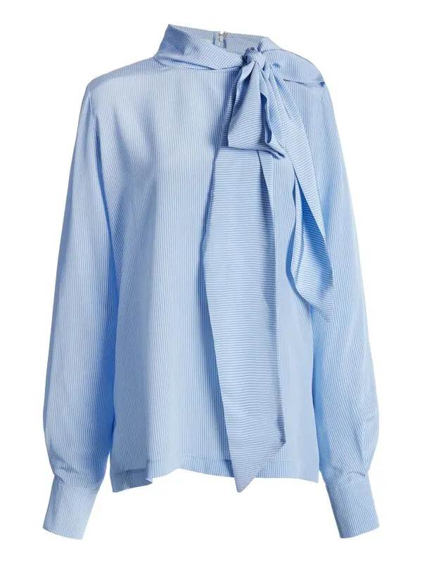 Françoise Johanna Ribbon Neck Tie Silk Top - Blue