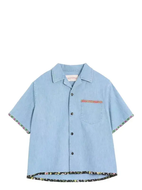 Valentino Garavani Floral-trim Denim Bowling Shirt - Blue