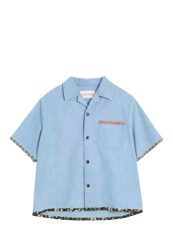 Valentino Garavani Denim Bowling Shirt With Floral Print Trim - Blue