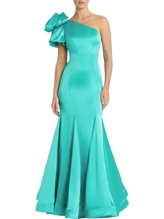 Mac Duggal Satin Mermaid One Shoulder Gown With Rosette - Teal