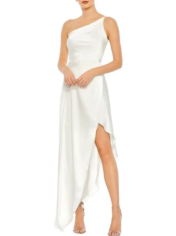 Mac Duggal One-shoulder Hi-low Charmeuse Gown - White