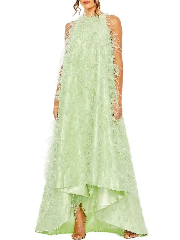 Mac Duggal Satin Feather High-low Evening Dress - Mint